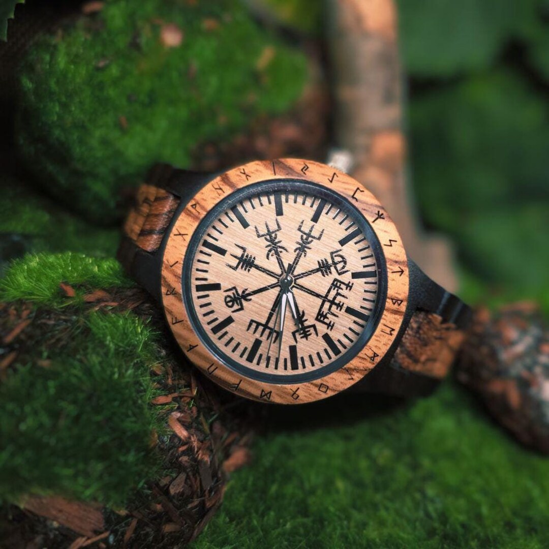 Engraved Viking Compass Vegvisir Wooden Watch, Vikings Watch, Compass ...