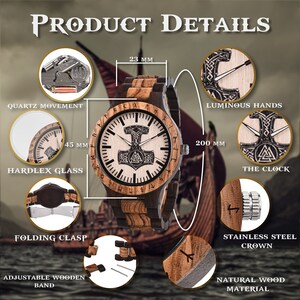 Engraved Thor's Hammer Mjolnir Wooden Watch, Personalized Viking Watch ...