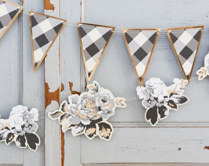 Gingham Farm Floral Banner, Black and Gold Party Decor, Rustic Floral ...