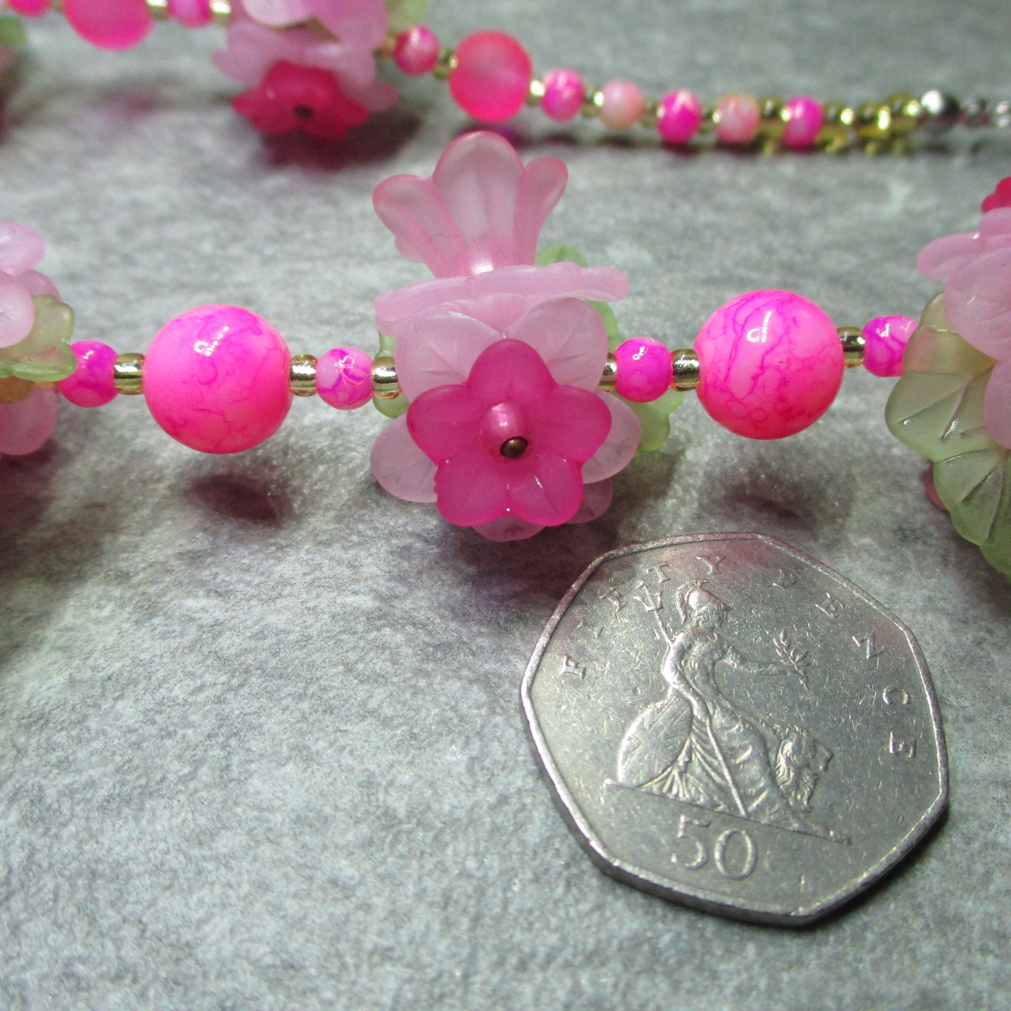 Bright Pink Bead and Lucite Flower Necklace - Etsy