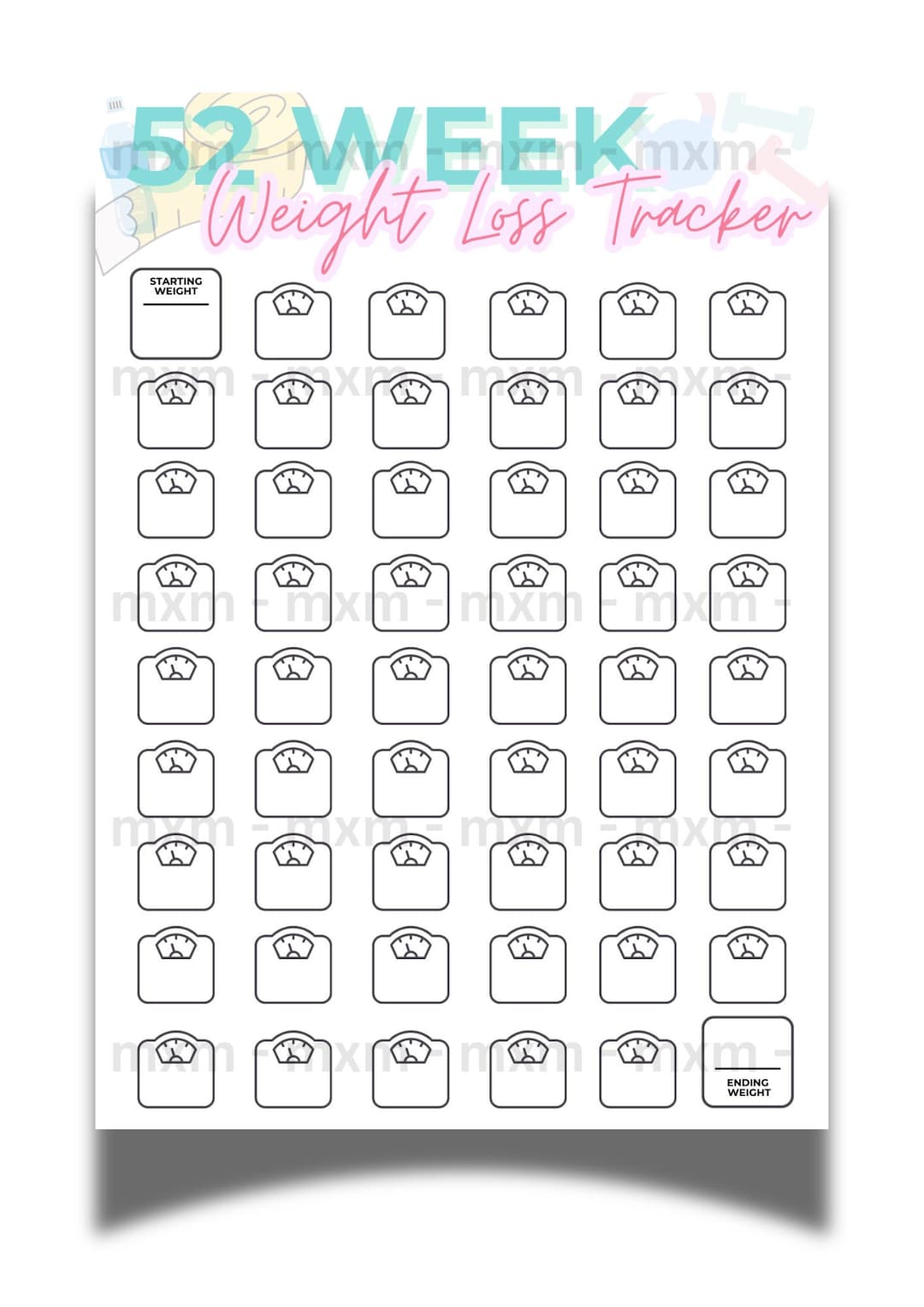 52 Week Weight Loss Tracker Journal Goals Charts Measurement Calorie ...