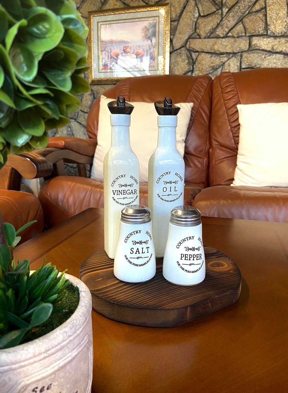 Trays & Platters Wooden Tray with beautiful Oil Vinegar Salt and Pepper ...