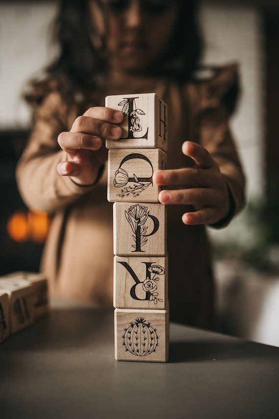 ABC Floral Blocks 15 Wooden Block Toys Laser Engraved | Etsy