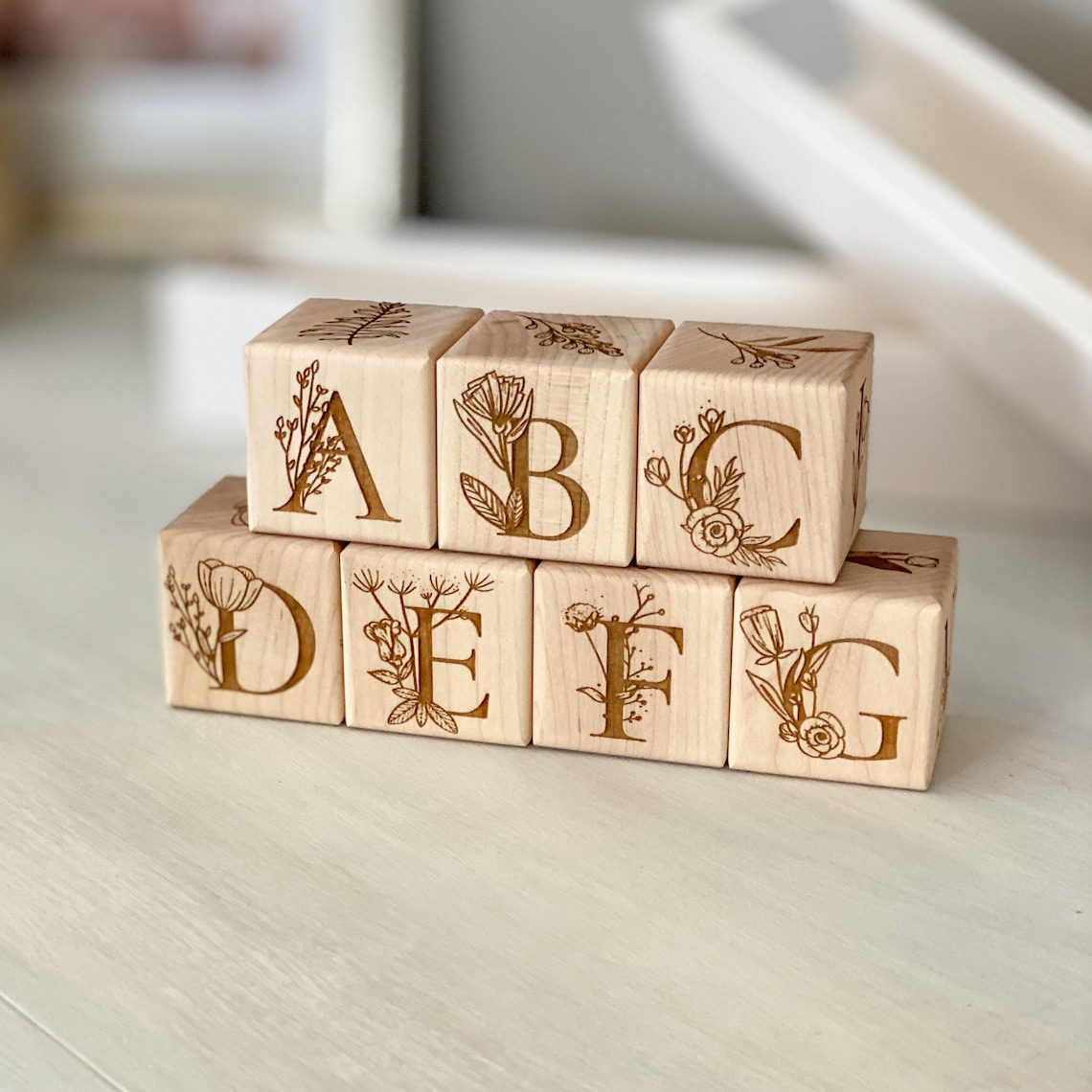 Floral Wooden Block Toys With Full Alphabet Laser Engraved - Etsy