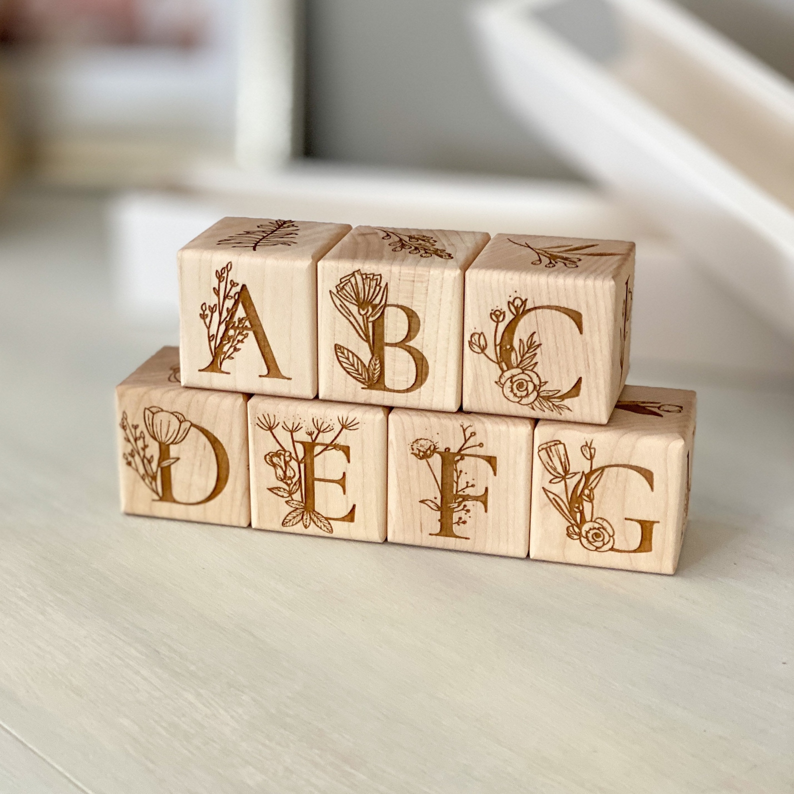 Floral Wooden Block Toys With Full Alphabet | Laser Engraved Handmade ...