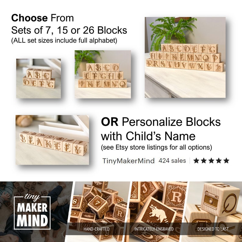 ABC Floral Blocks 15 Wooden Block Toys Laser Engraved - Etsy
