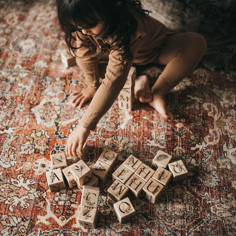 ABC Floral Blocks 15 Wooden Block Toys Laser Engraved | Etsy