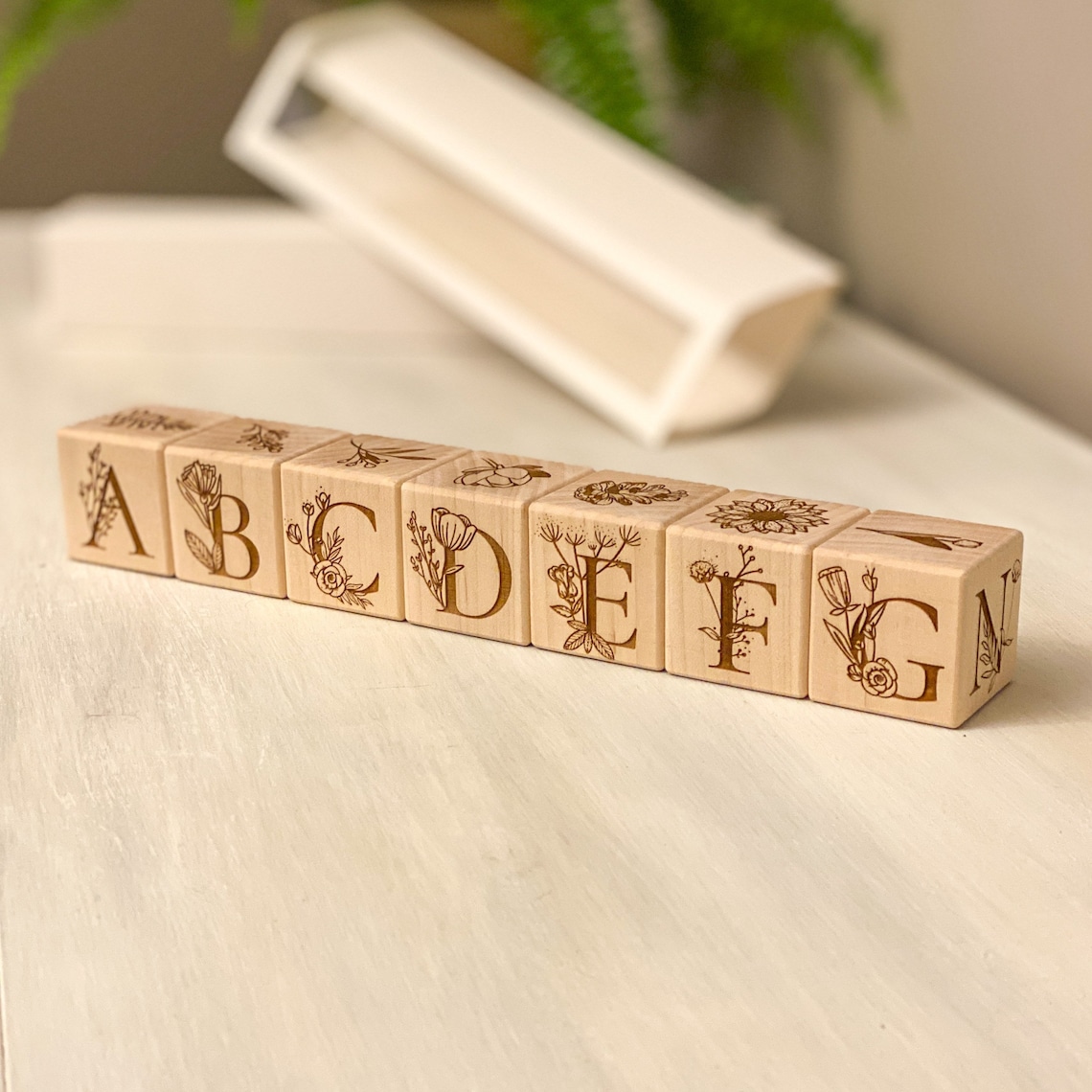 Floral Wooden Block Toys With Full Alphabet | Laser Engraved Handmade ...