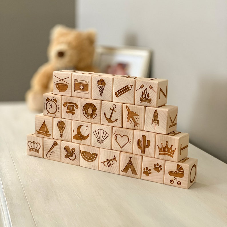 ABC Blocks 26 Wooden Block Toys Laser Engraved Handmade | Etsy
