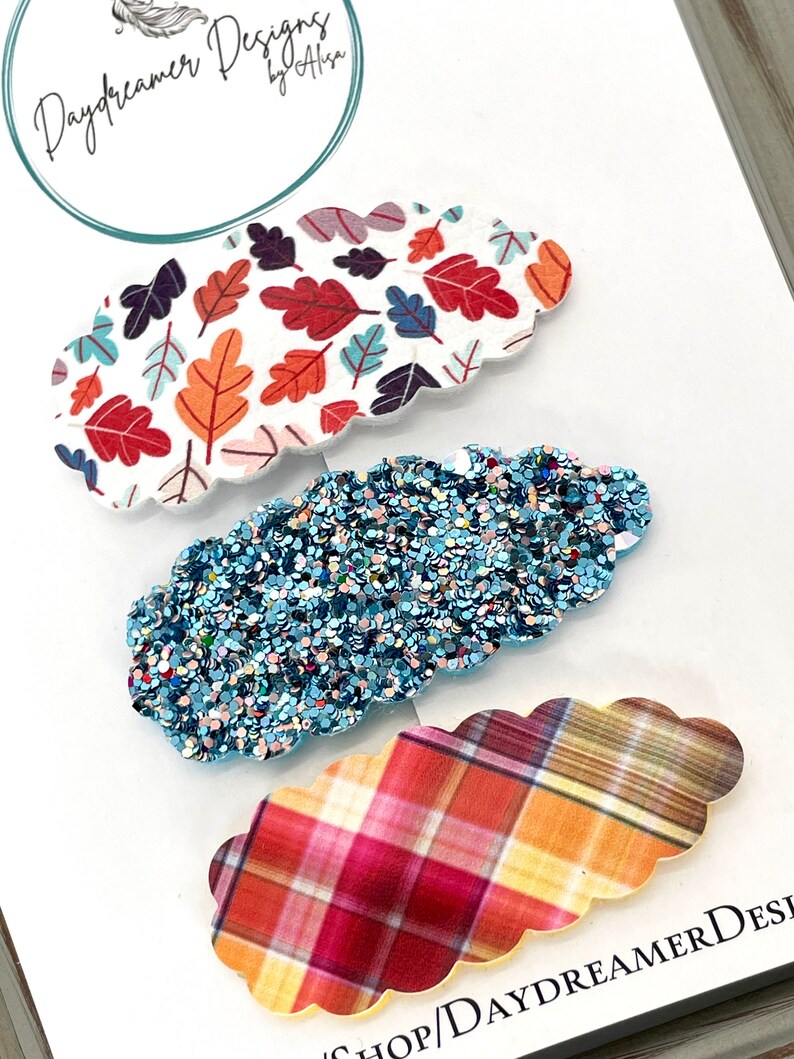 Autumn Hair Clips Set, Falling Leaves, Plaid & Glitter, Vegan Leather ...