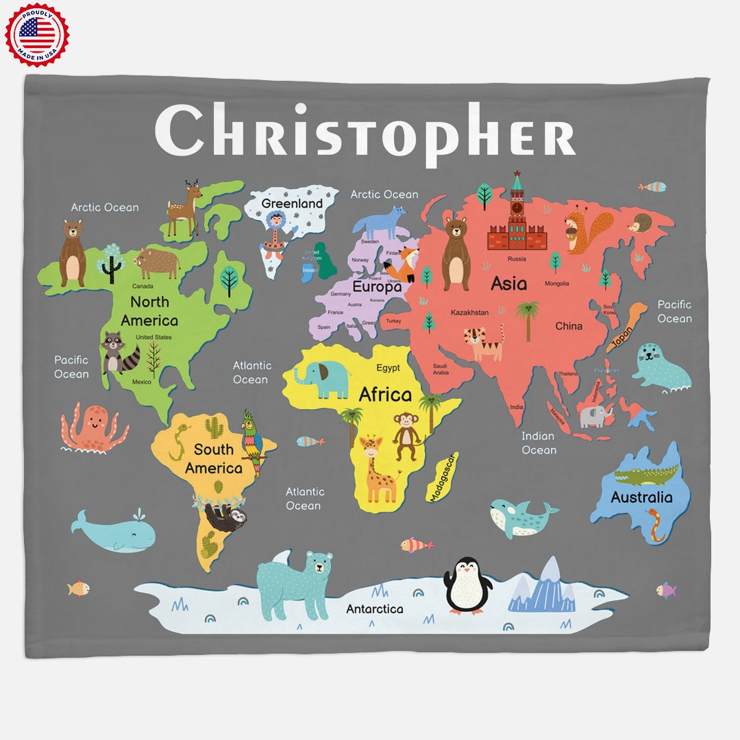 Personalized Kids World Map With Animals, Children's World Map ,baby ...