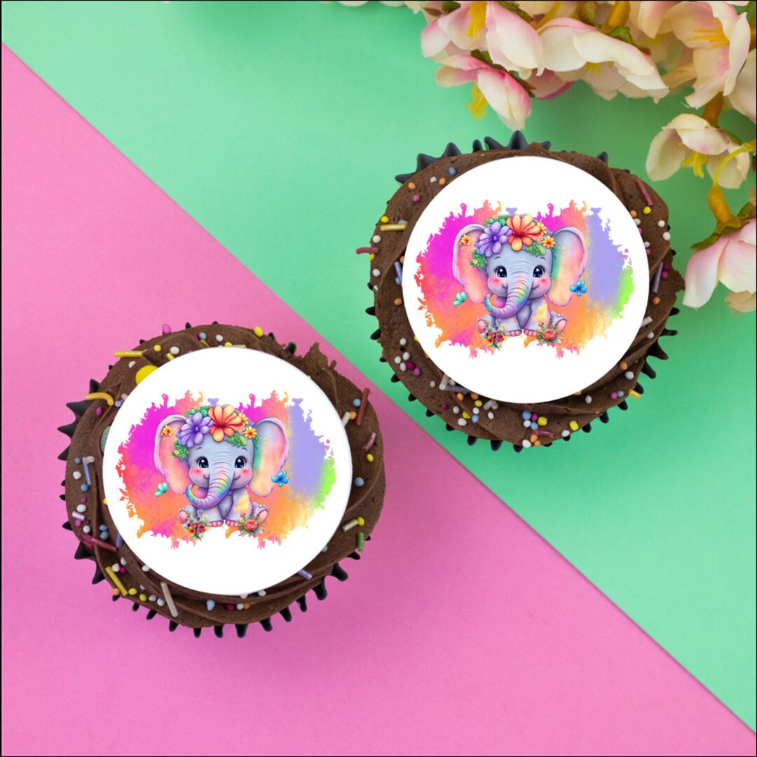 12 X Cute Elephant & Bright Rainbow Background 2" / 5cm Edible Discs ...