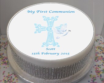 First Holy Communion Pink Cross Circle Cake Edible Icing or Wafer ...