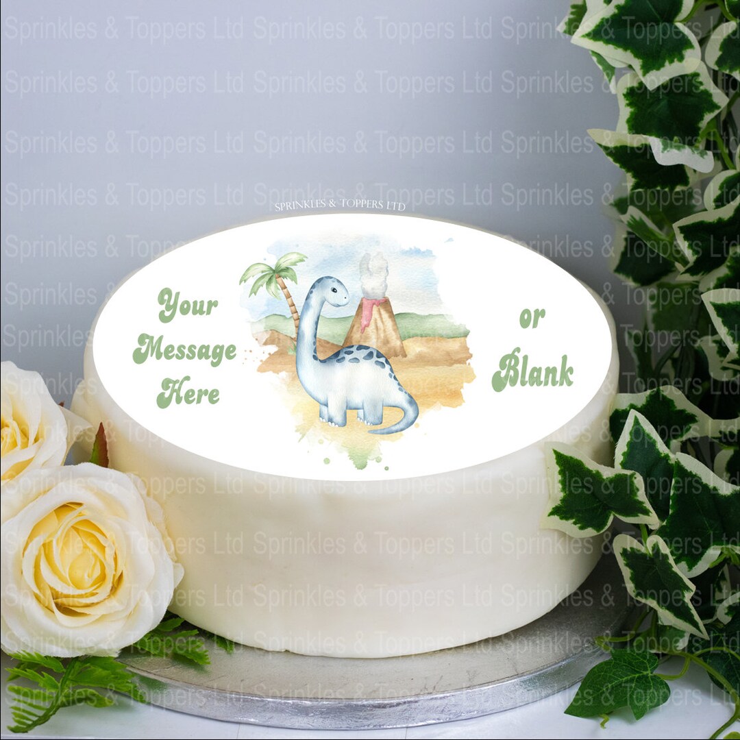 Personalised Cute Dinosaur & Volcano Scene 8" Icing Sheet Cake Topper ...