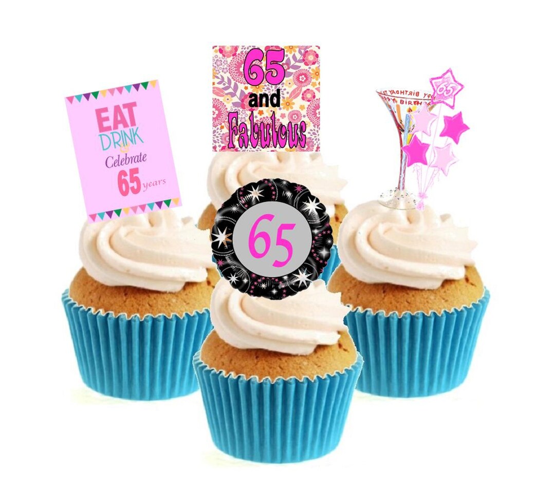 65th Birthday Pink Collection Stand up Cake Toppers (12 Pack) Item ...