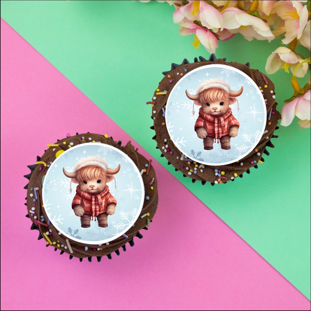 Winter Highland Cow 2" / 5cm Edible Discs Cupcake Toppers - Etsy