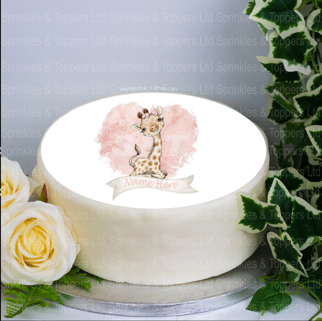 Personalised Cute Giraffe With Pink Heart 8" Icing Sheet Cake Topper ...