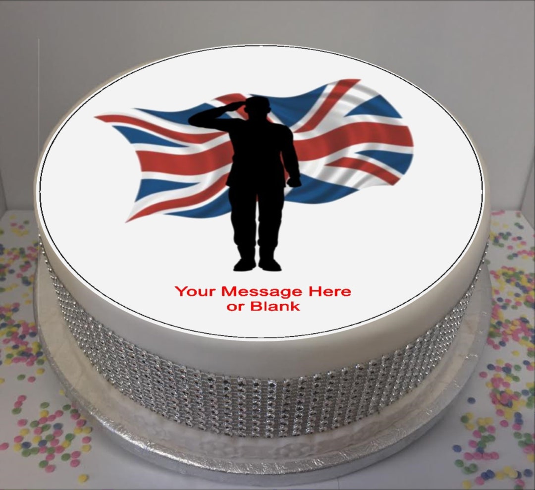 Personalised Soldier Silhouette & Flag Scene 8" Icing Sheet Cake Topper ...