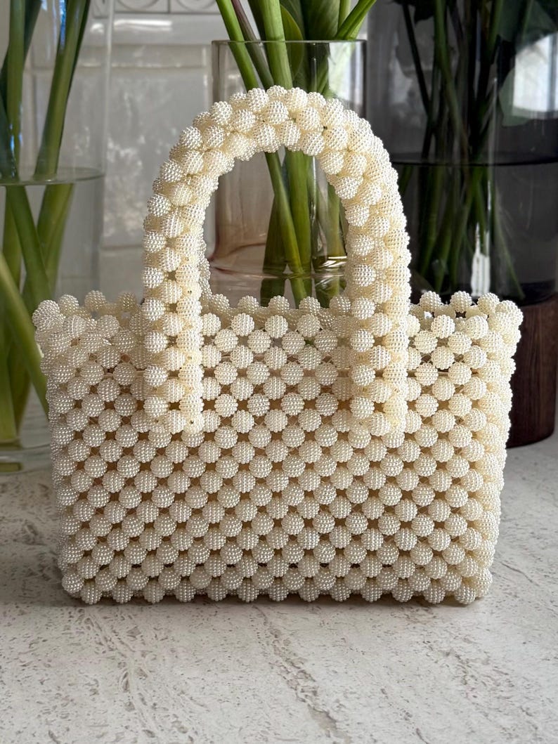 Beaded Pearls Tote Bag, White Beads Small Handbag, Handmade Bag - Etsy