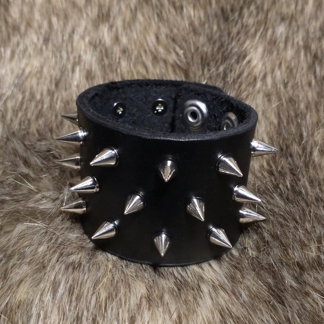 Black Leather Three Row Spike Cuff Bracelet - Etsy