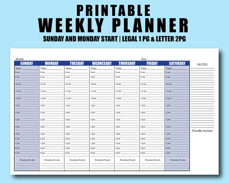 Weekly Planner - Printable - Detailed Day to Day, Hour to Hour Planning ...