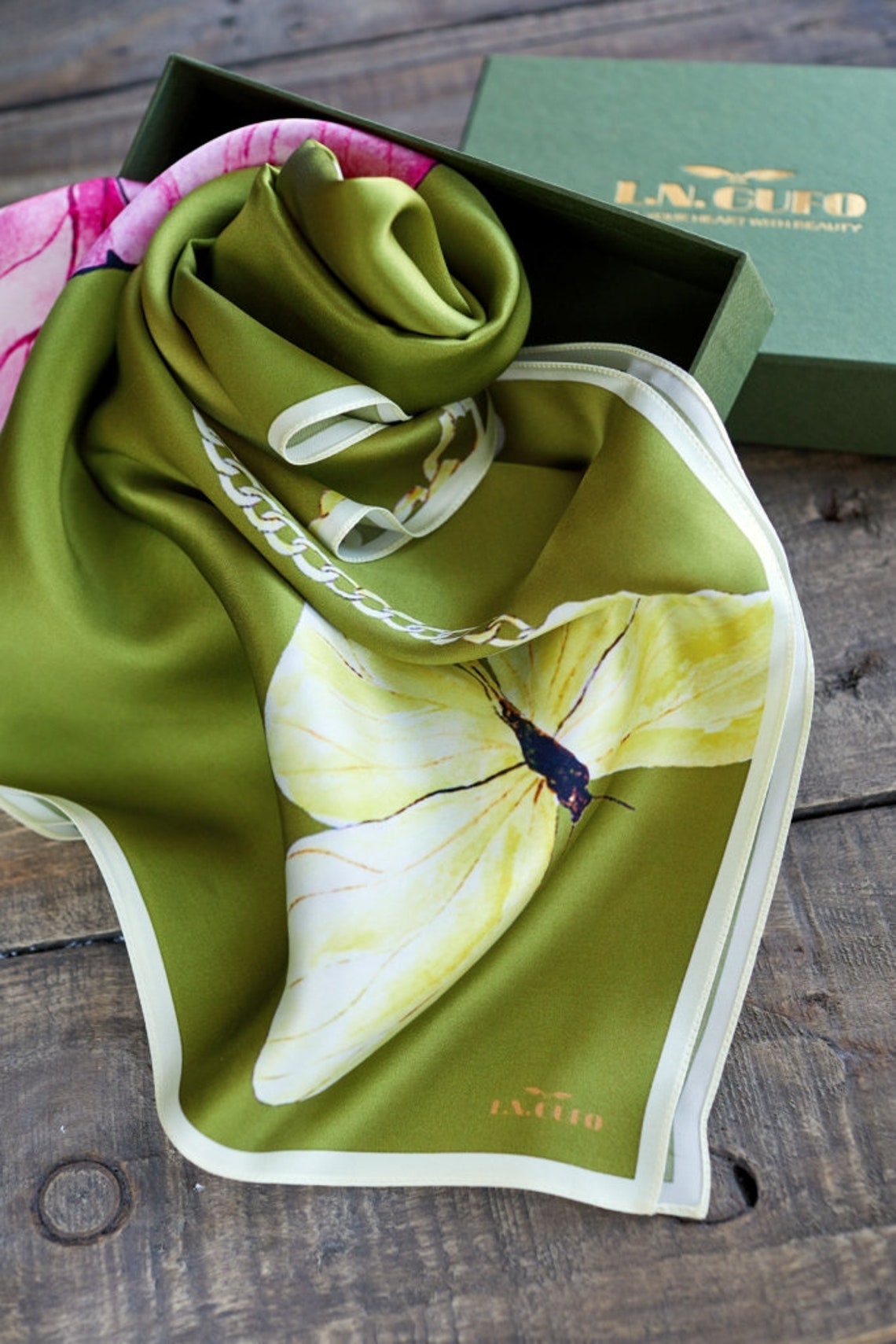 Women's Green Silk Scarf With Birds and Butterflies - Etsy
