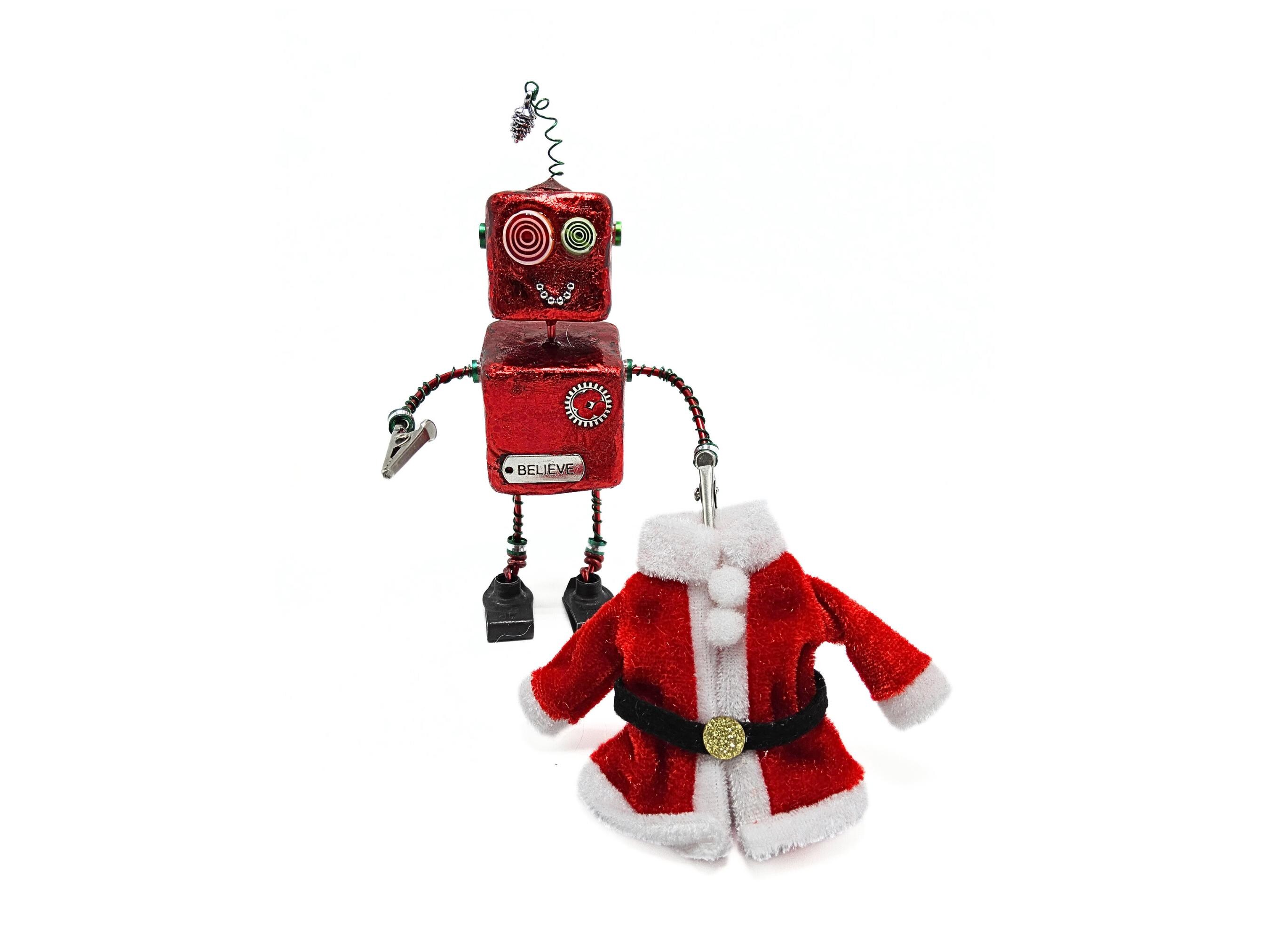 Christmas Robot Sculpture, Red Robot Assemblage Figurine With Santa ...