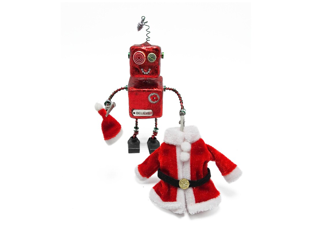 Santa Robot Sculpture, Red Robot Assemblage Figurine With Santa Suit - Etsy