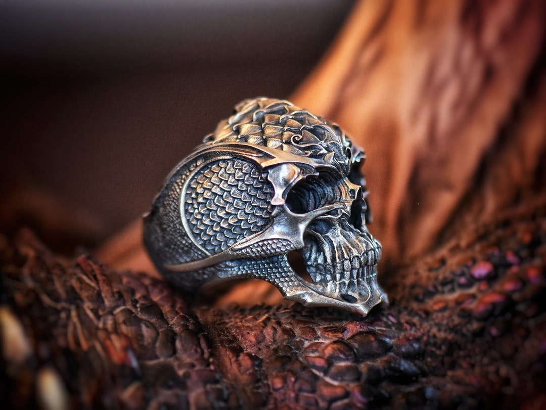 Dragon Scaled Skull Sterling Silver Ring, Abyss Demon Warrior, Handmade ...