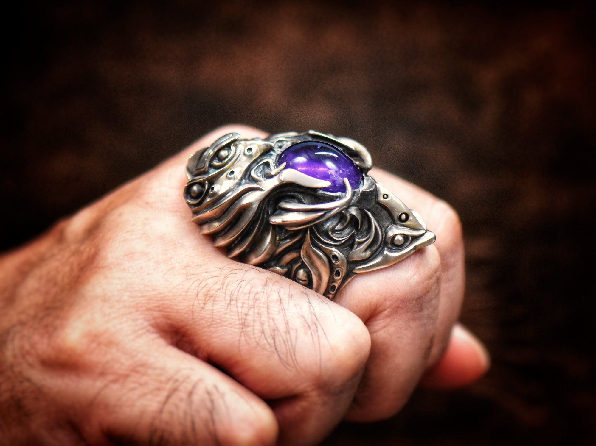 Chunky Gothic Biomechanical Demon Beast Sterling Silver Ring With Big ...