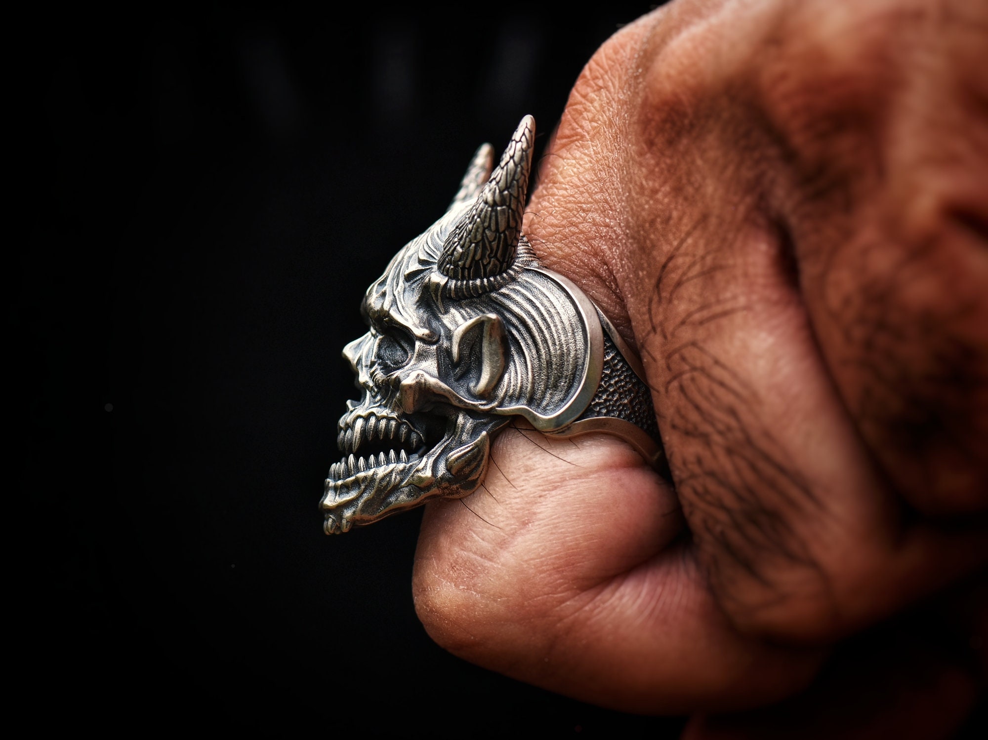 Gothic Inferno Demon Skull Sterling Silver Ring,handmade, Birthday Gift ...