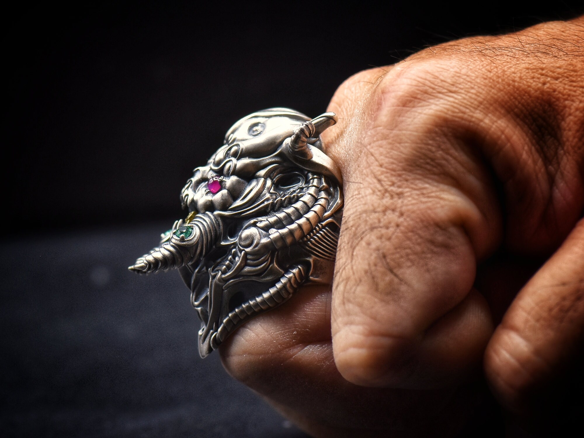 Huge Biomechanical Demon Monster Sterling Silver Ring With 18k Green ...