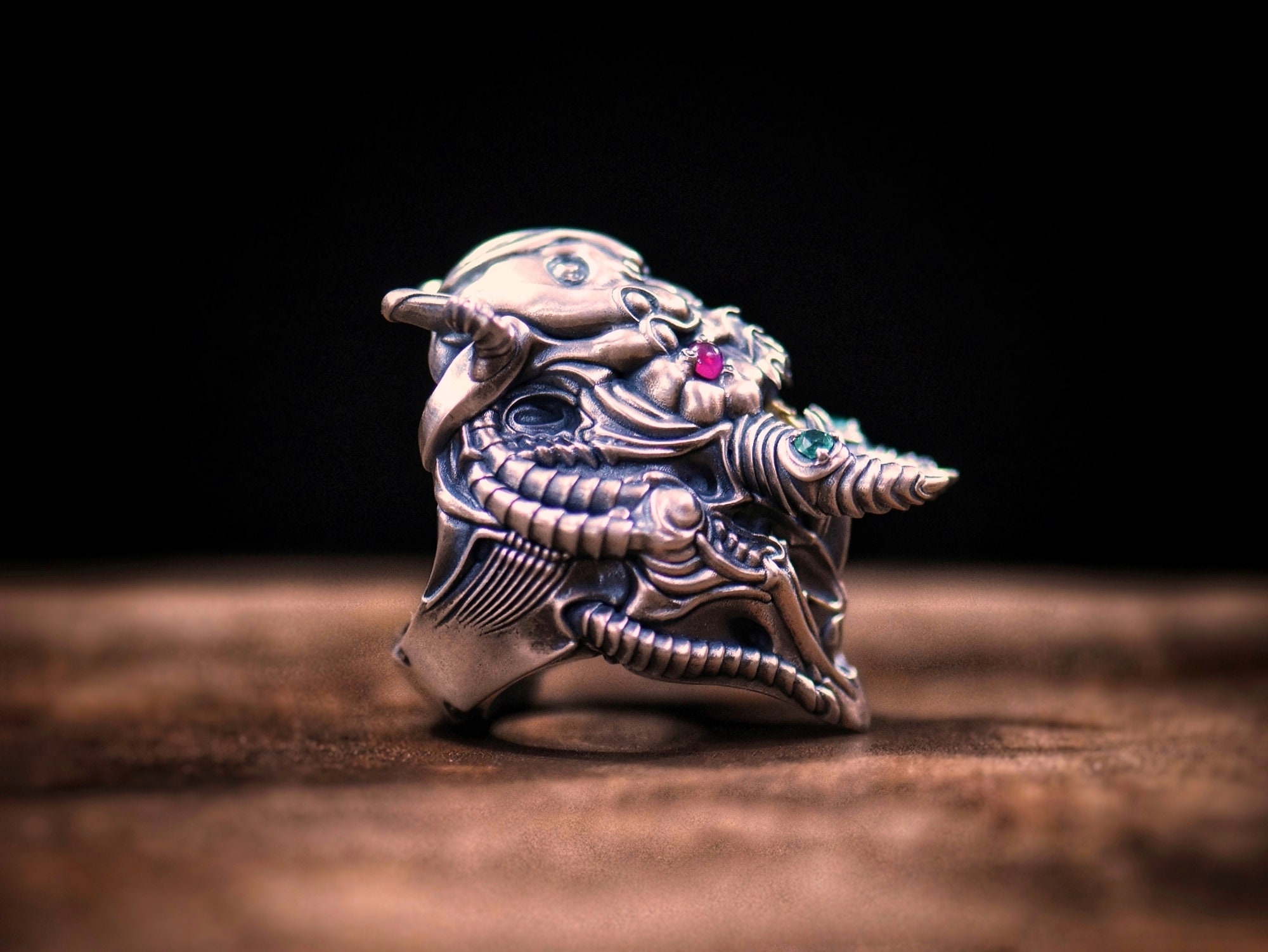 Huge Biomechanical Demon Monster Sterling Silver Ring With 18k Green ...