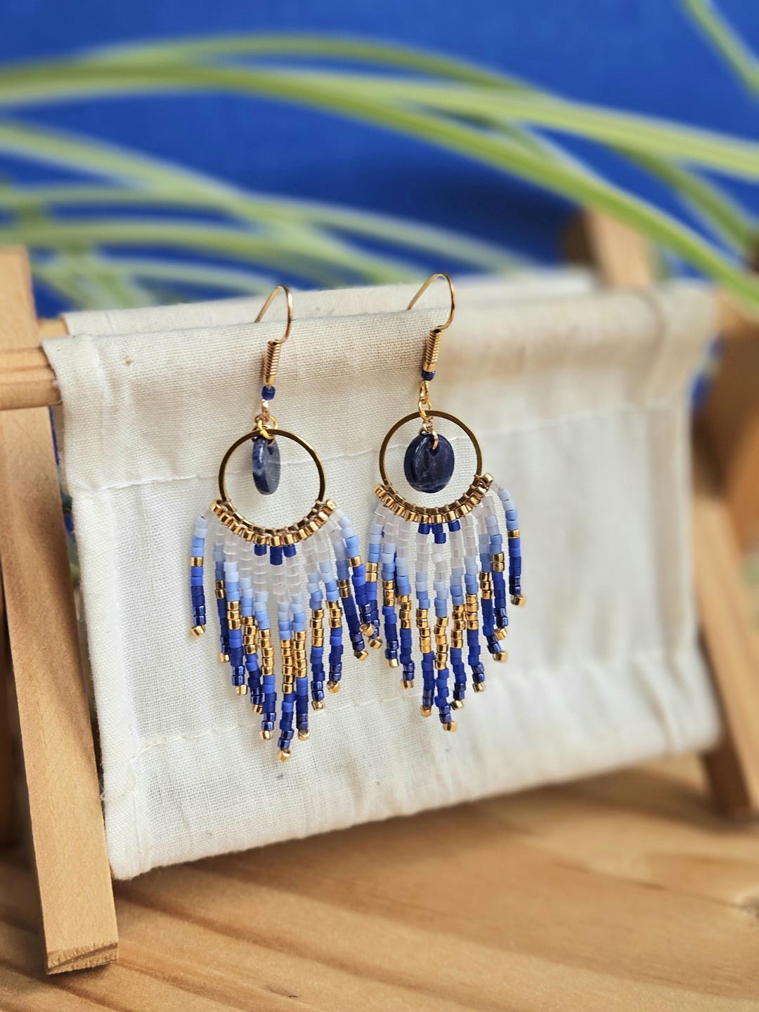 Neptune | Circle Fringe Earrings Made of Glass Beads in Blue, Gold, and ...