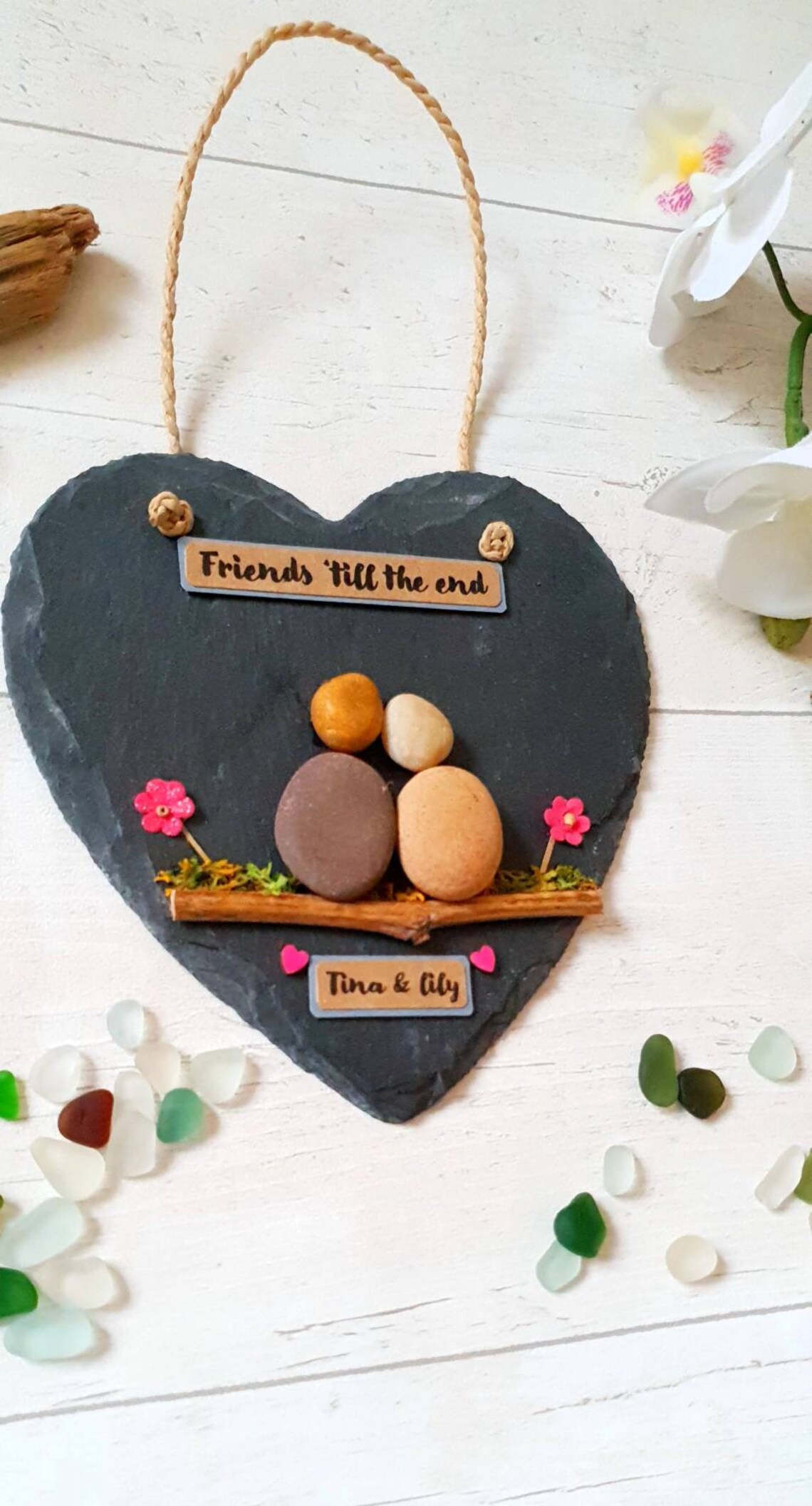 Personalized Friendship Pebble Art, Slate Heart Ornament - Etsy