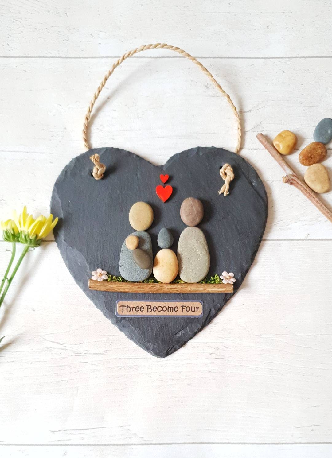 Family Pebble Art - Slate Heart Art - Pebble Art - Family of 4 Pebble ...