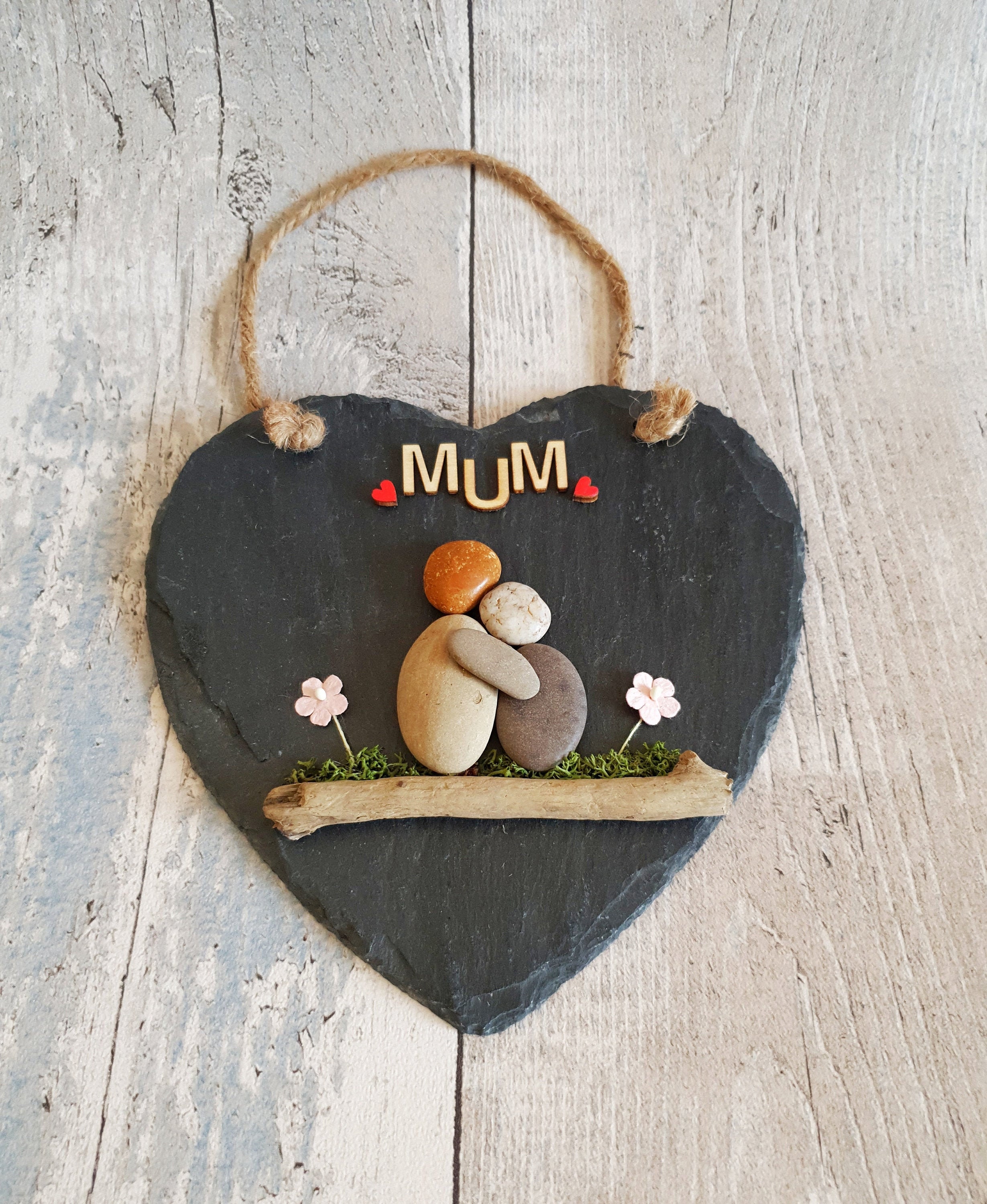 Pebble Art Mum Gift: Slate Heart, Personalised Mum and Daughter/son ...