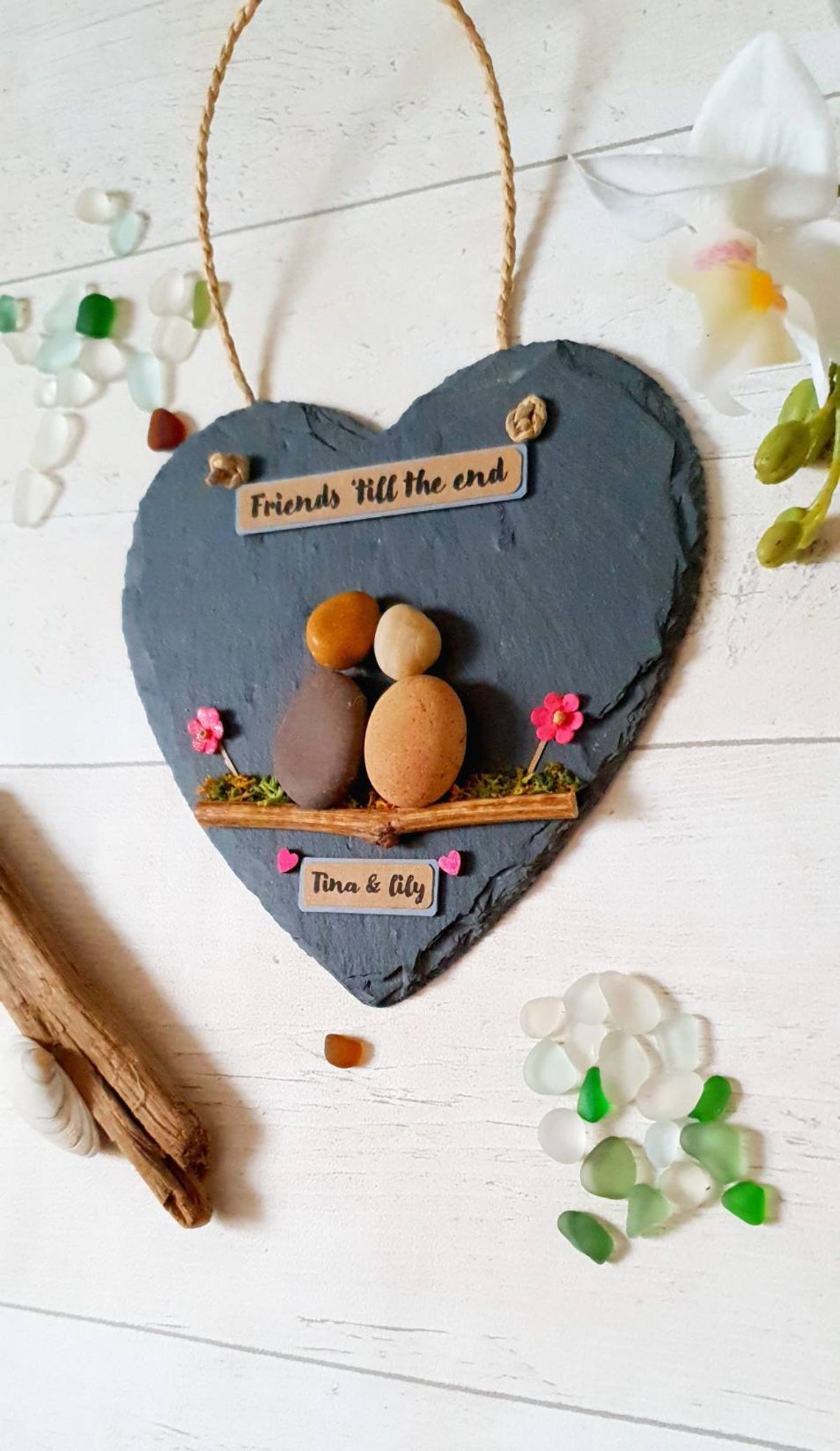 Personalized Friendship Pebble Art, Slate Heart Ornament - Etsy