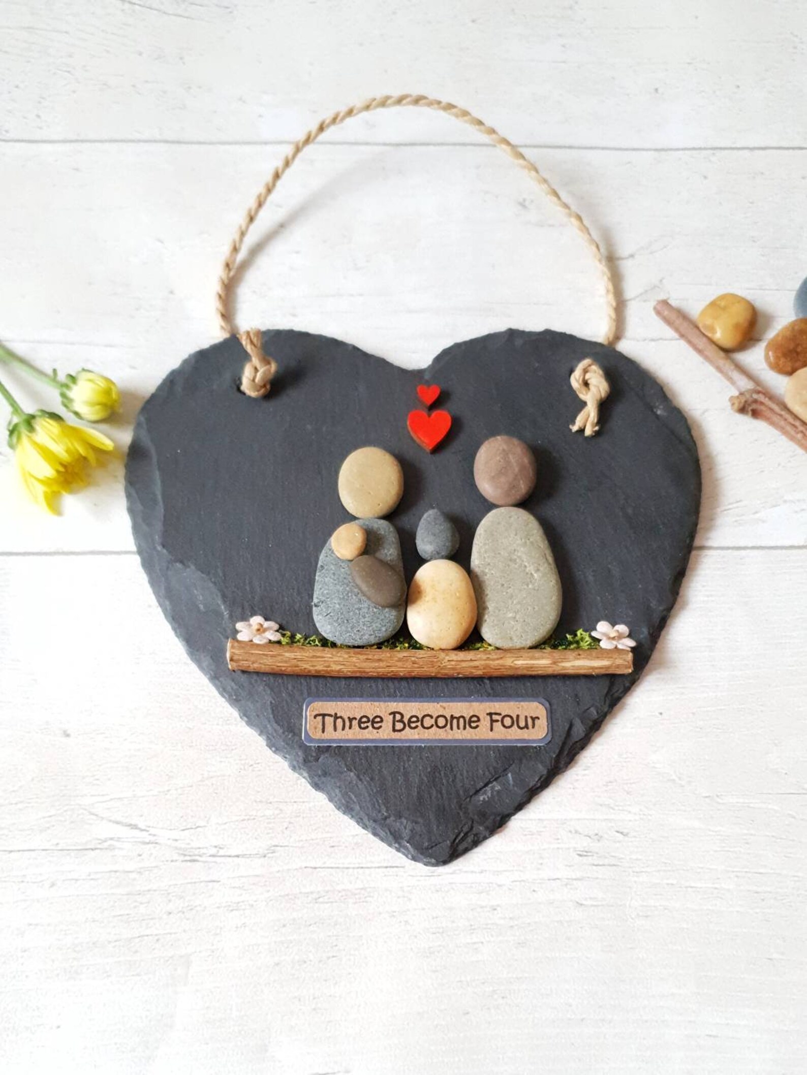 Family Pebble Art - Slate Heart Art - Pebble Art - Family of 4 Pebble ...