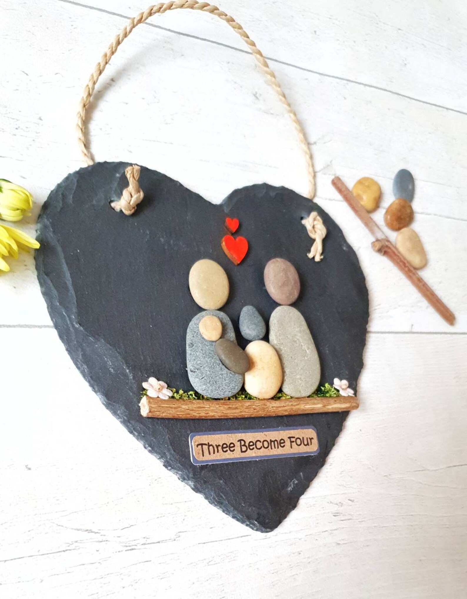 Family Pebble Art - Slate Heart Art - Pebble Art - Family of 4 Pebble ...
