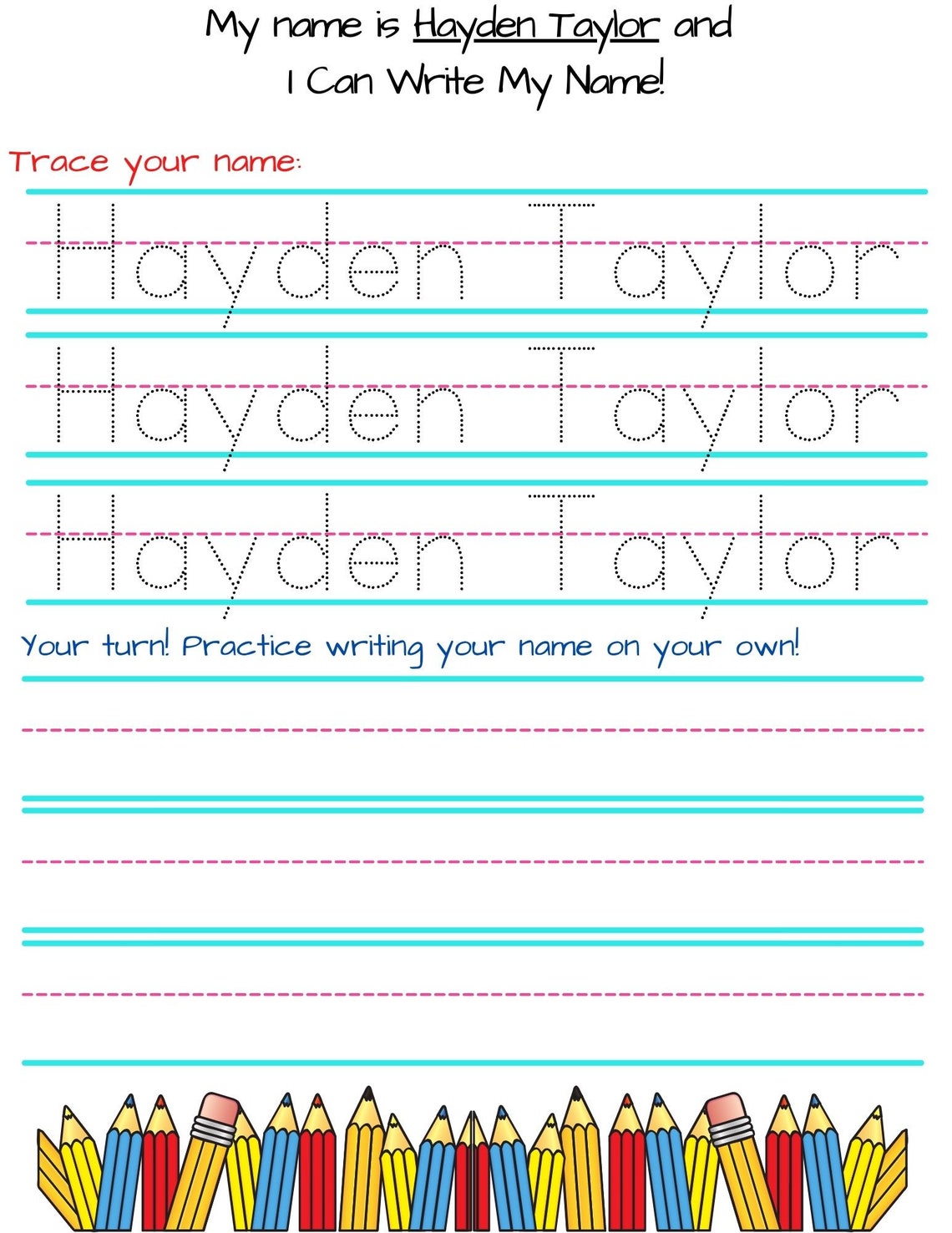 PERSONALIZED I Can Write My Name Worksheet - Etsy