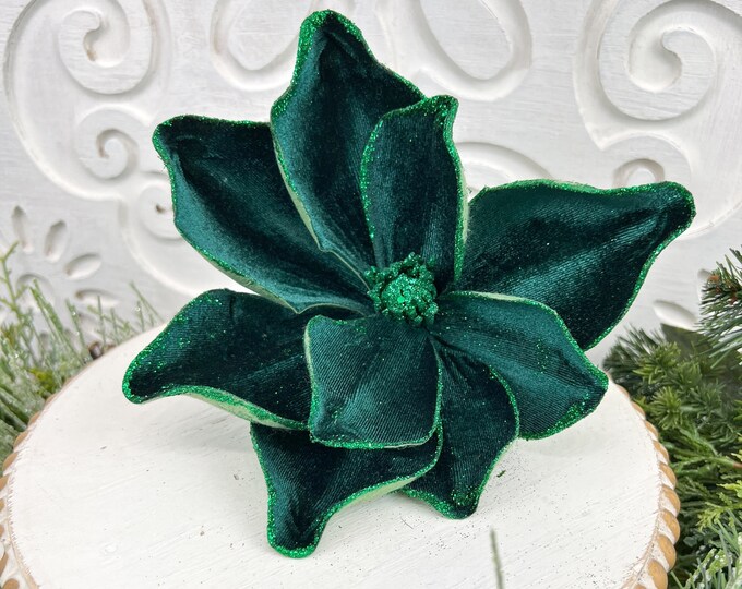Emerald Green Velvet Magnolia Stem: Glittered Holiday Floral Pick - Etsy