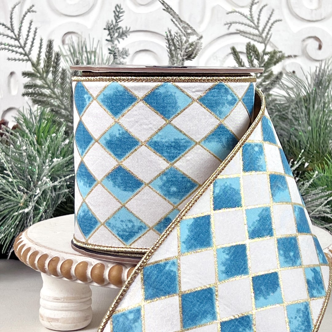 Blue and White Harlequin Ribbon, Cobalt Blue Jester Ribbon, Gold Backed ...