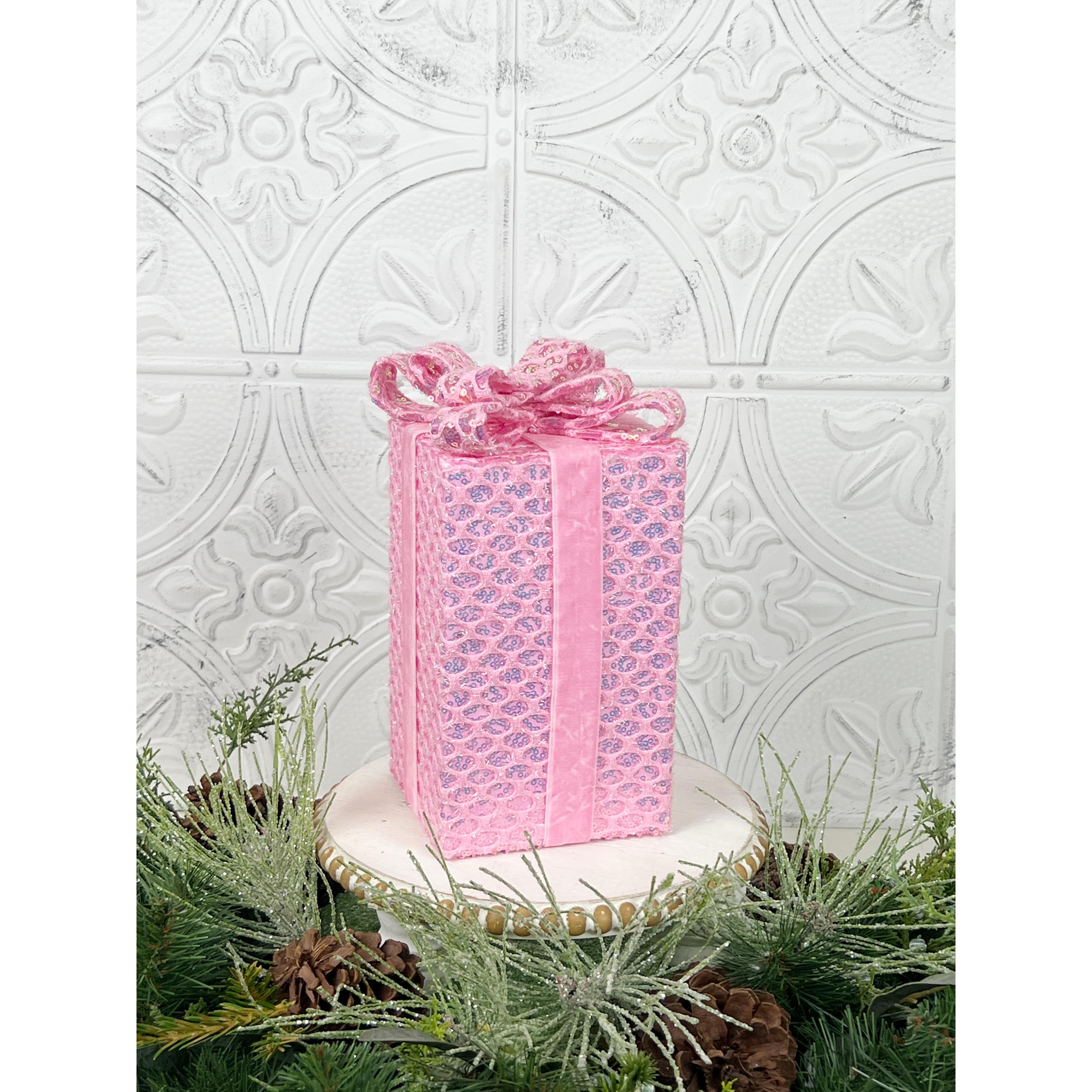 Sequined Faux Gift Box, Pink & Mint Christmas Wreath Attachment, Pastel ...