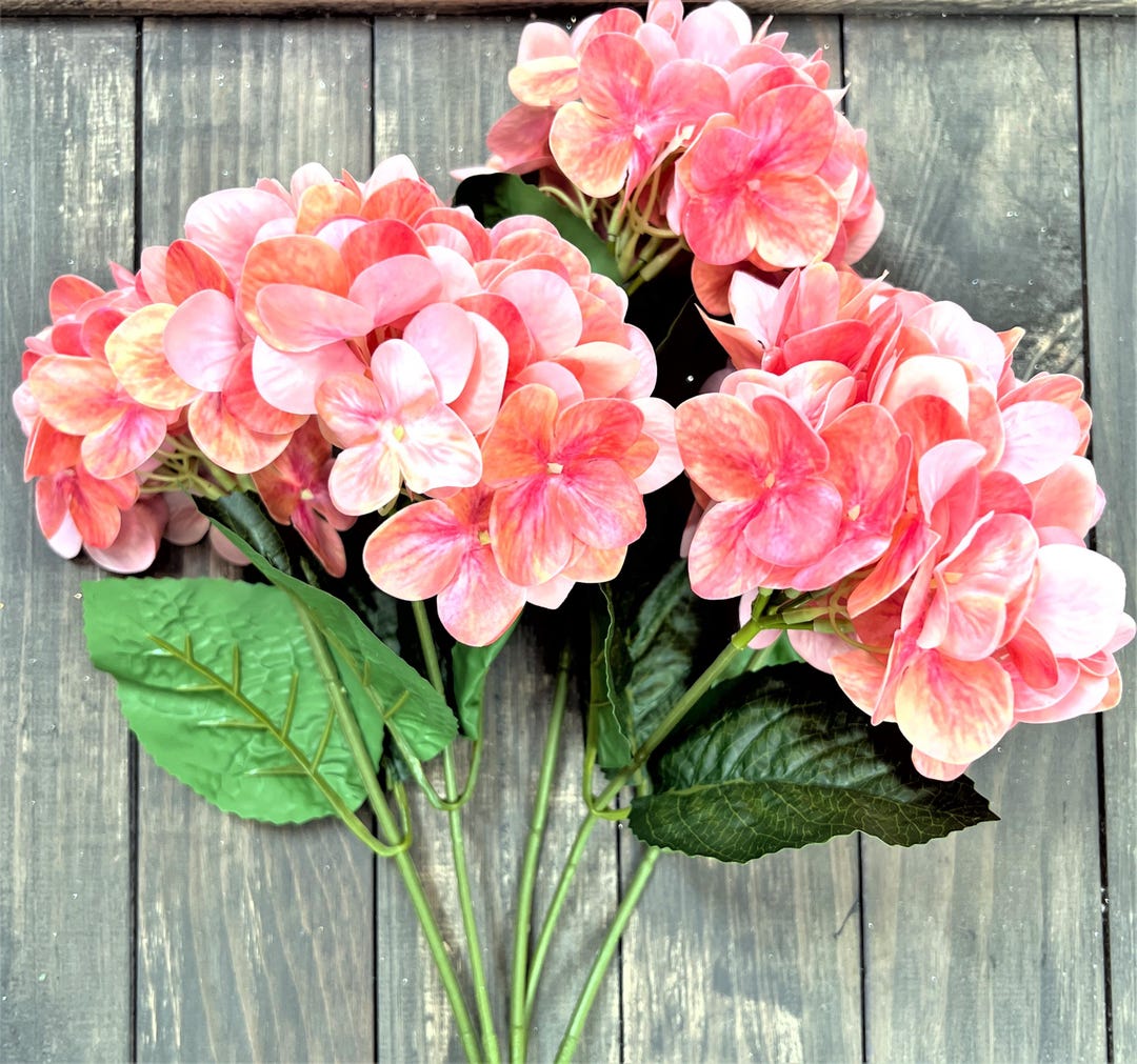 Real Touch Coral Hydrangea Bush, Lifelike Silk Hydrangeas, Faux Flowers ...