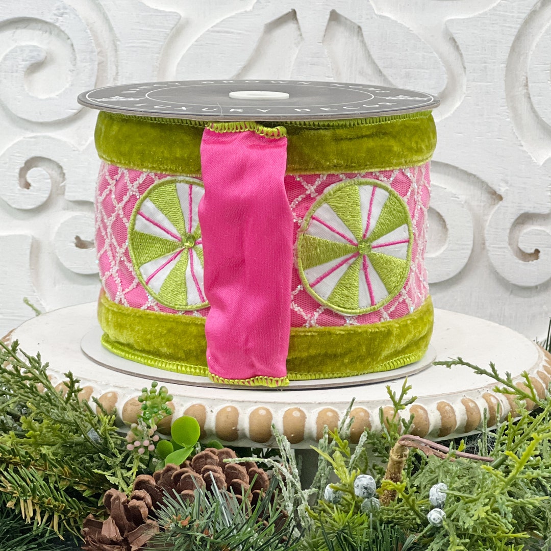 Pink and Green Velvet Embroidered Ribbon, Holiday Candy Ribbon, Pink ...
