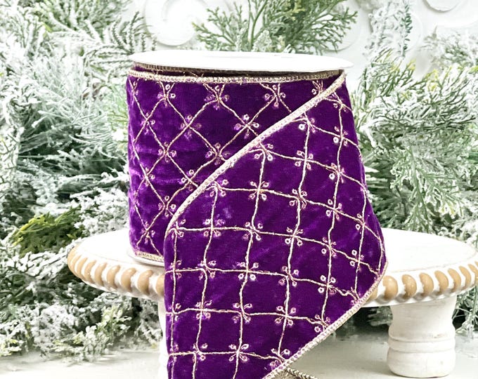 Purple and Gold Glittered Velvet Ribbon, Luxury Wired Trim, Purple ...