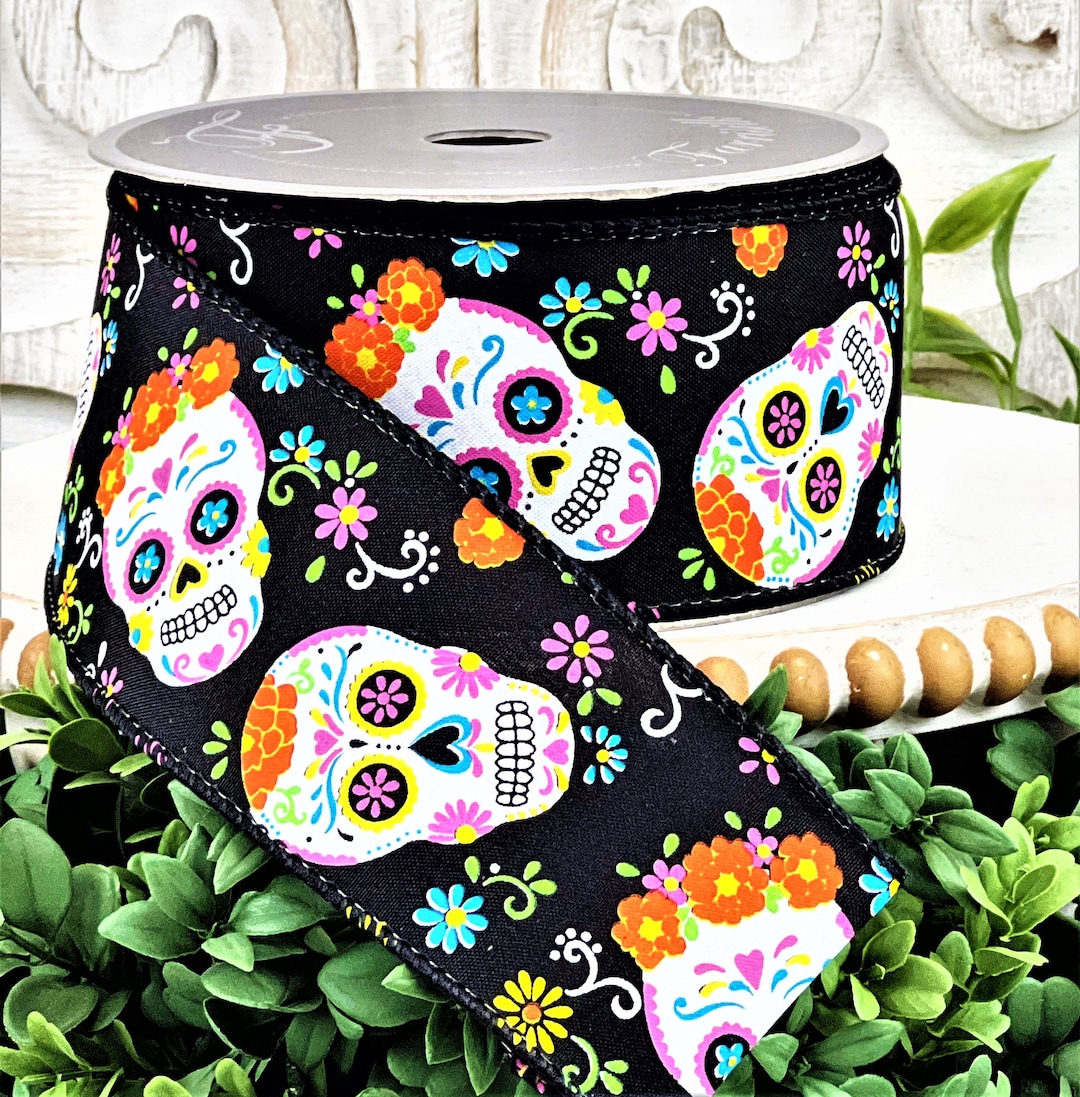 Sugar Skull Ribbon, Halloween Ribbon, Dia De Los Muertos Ribbon, Day of ...