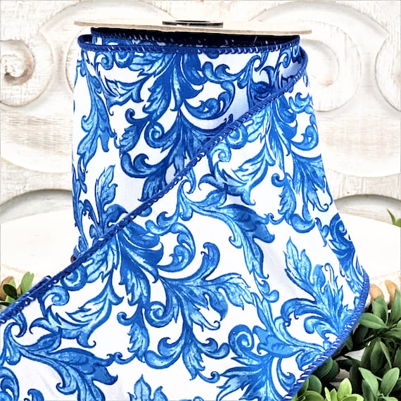 Blue Ribbon 4 Inch Blue Acanthus Ribbon Blue Floral Ribbon - Etsy