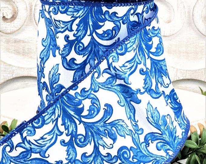 Blue Ribbon, 4 Inch Blue Acanthus Ribbon, Blue Floral Ribbon, Wired ...